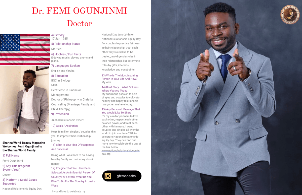 Dr. Femi Ogunjinmi | Sharina World Ambassador